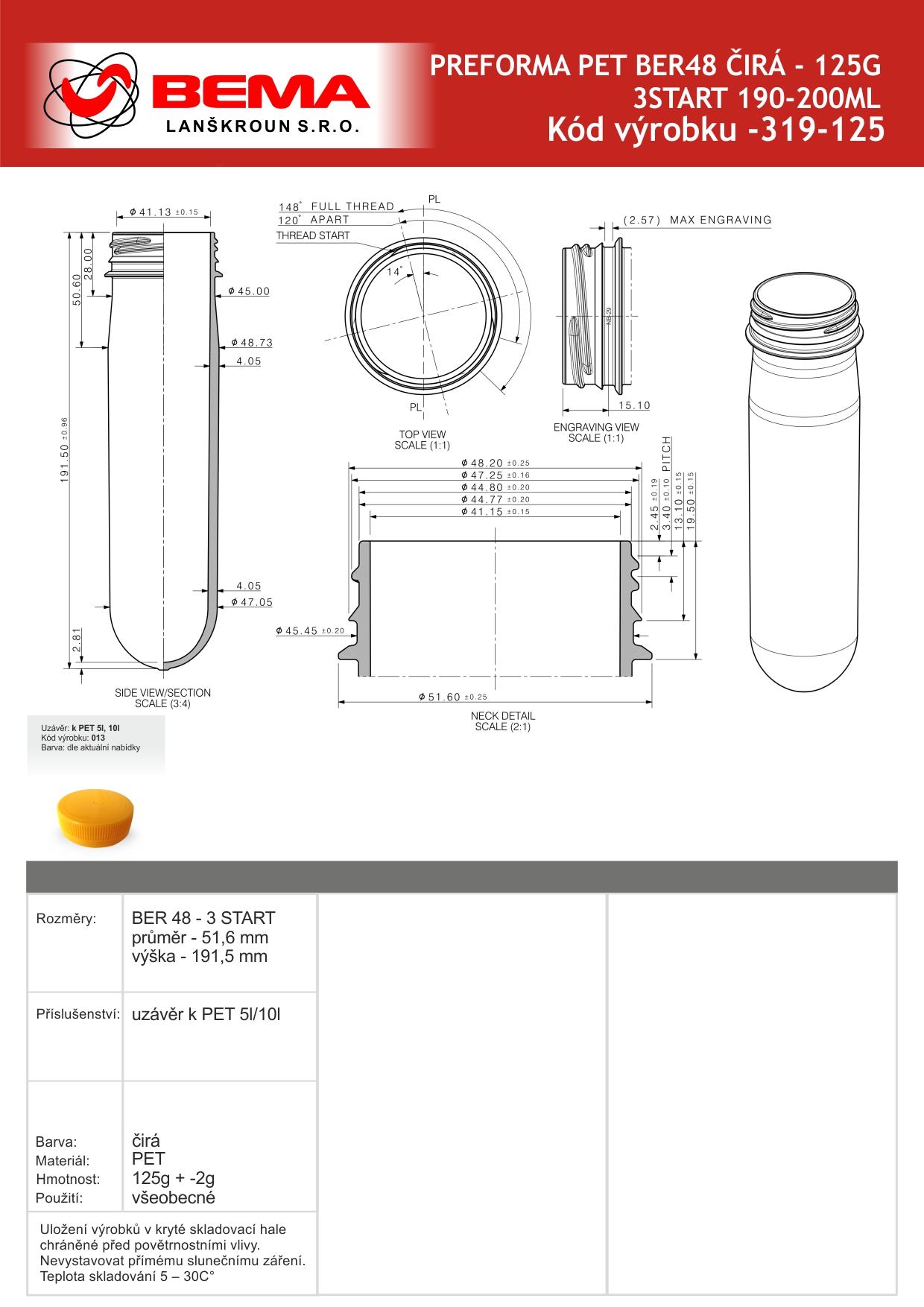 Preforma PET 125g čirá BER48 3START 190-200ml CENA PREFORMY BEZ UZÁVĚRU - uzávěry objednávejte v ...
